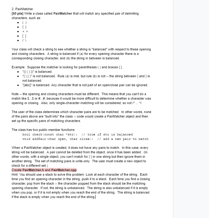 Solved 2. Pair Matcher [50 pts] Write a class called | Chegg.com