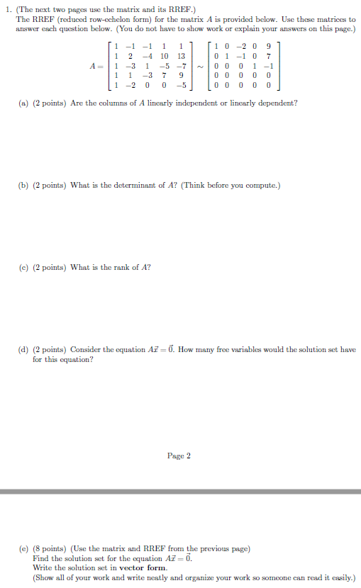 Solved 1. (The next two pages use the matrix and its RREF.) | Chegg.com