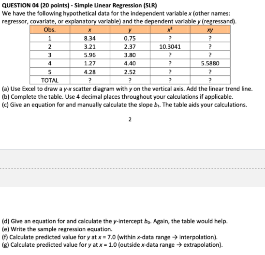 Solved QUESTION 04 ( 20 points) - Simple Linear Regression | Chegg.com Solved QUESTION 04 ( 20 points) - Simple Linear Regression | Chegg.com