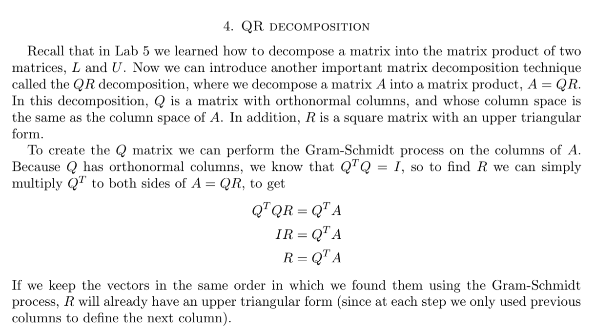 Solved 4. QR DECOMPOSITION Recall that in Lab 5 we learned | Chegg.com
