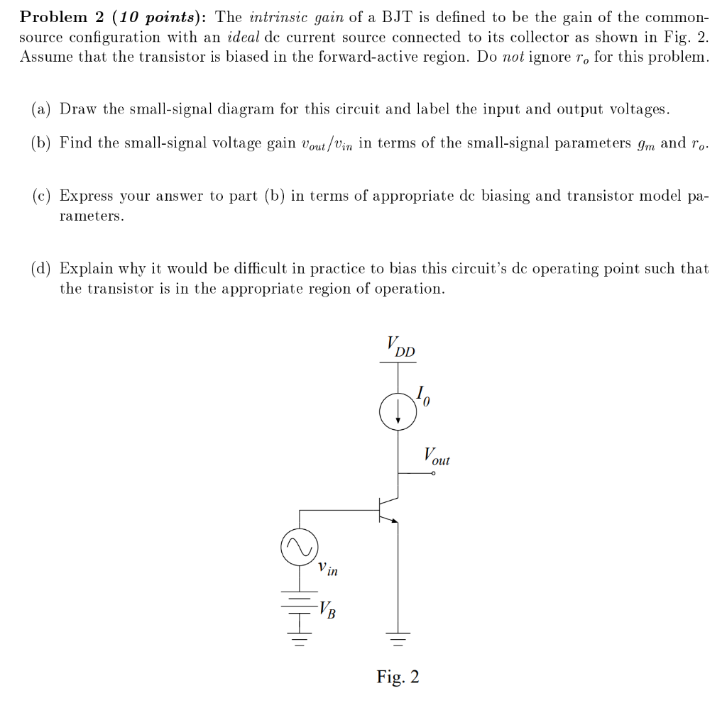 Solved Problem 2 (10 points): The intrinsic gain of a BJT is | Chegg.com