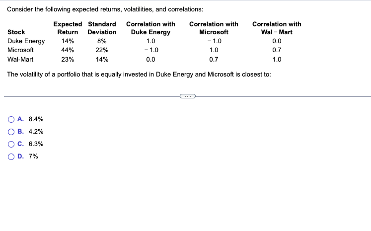 [Solved]: Consider the following expected returns, volatil