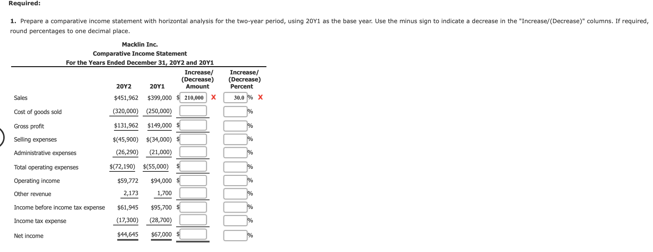 Solved Horizontal Analysis of Income Statement For 20Y2, | Chegg.com
