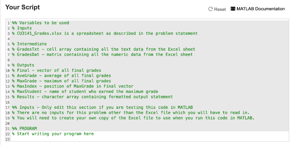 Your Script C Reset MATLAB Documentation 1 8% | Chegg.com