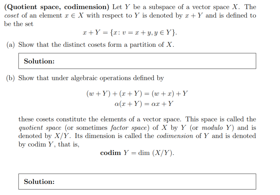 Solved (Quotient space, codimension) Let Y be a subspace of | Chegg.com