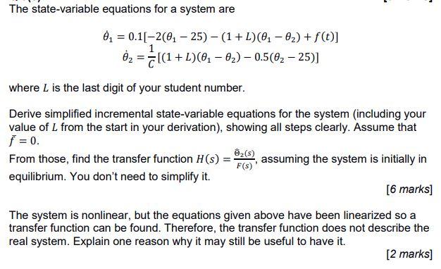 Solved The state-variable equations for a system are 𝜃̇ 1 = | Chegg.com