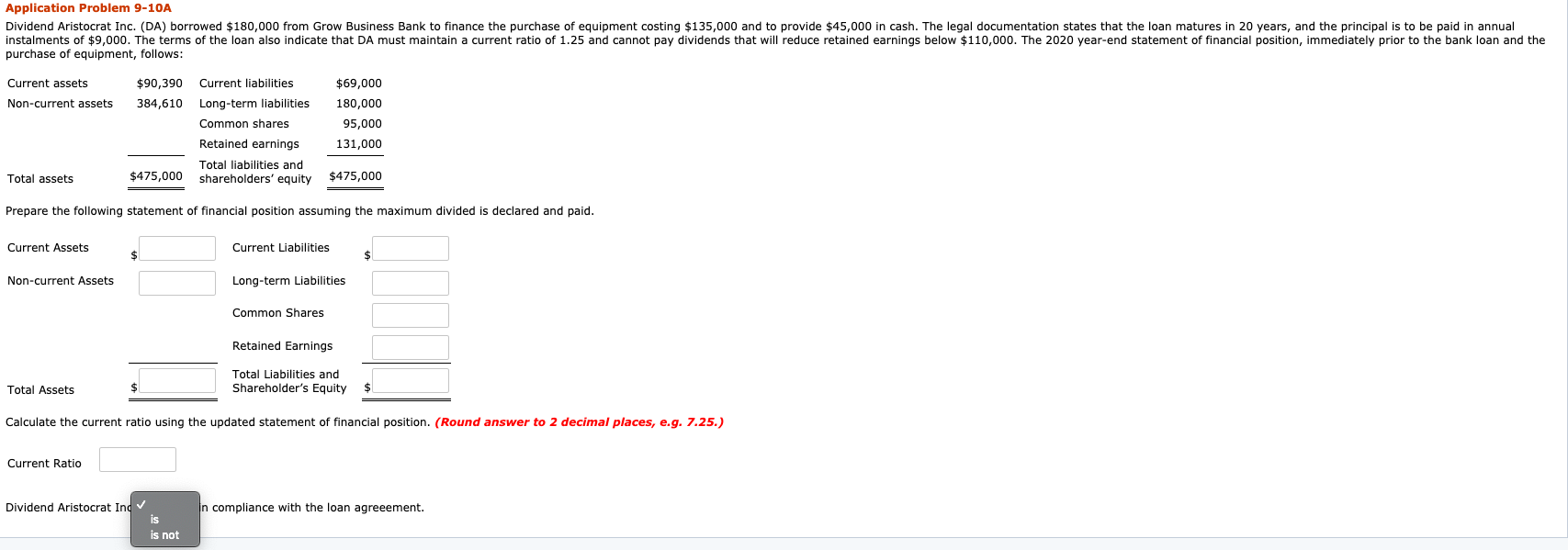 Solved Application Problem 9-10A Dividend Aristocrat Inc. | Chegg.com