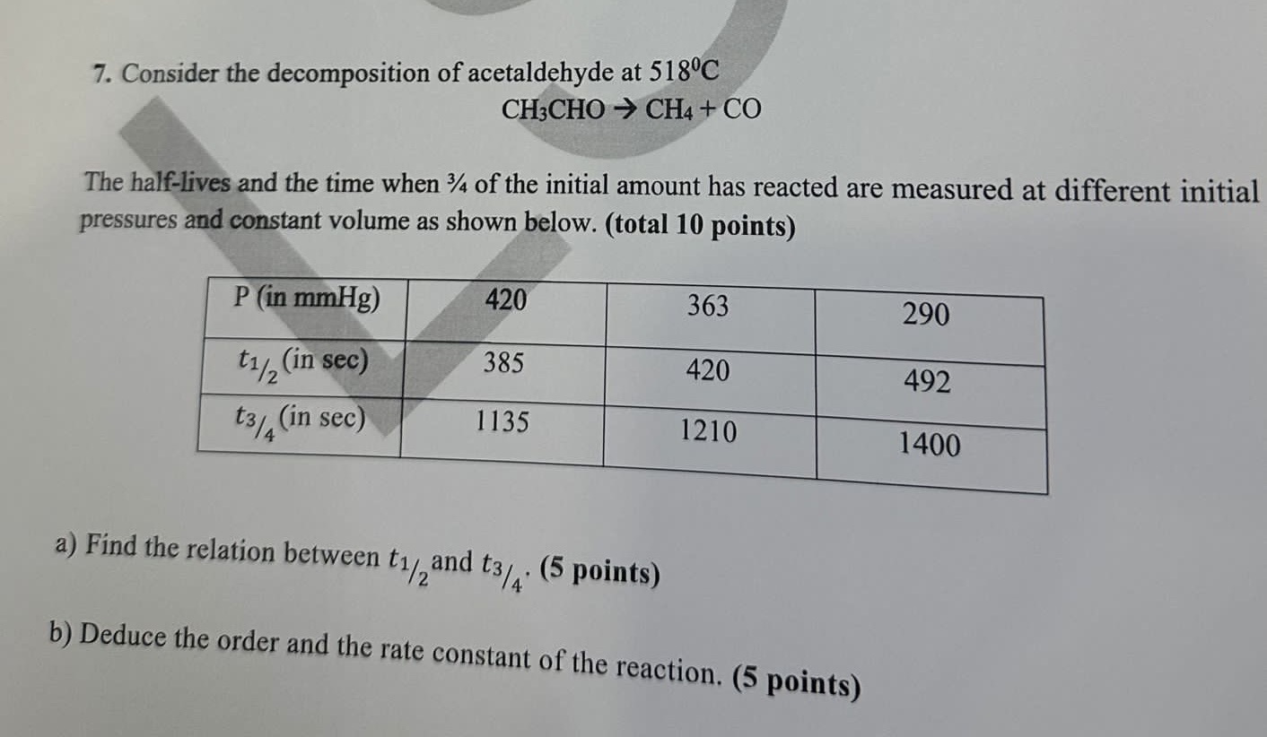Solved 7. Consider the decomposition of acetaldehyde at | Chegg.com