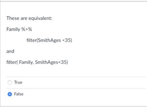 Solved These are equivalent: Family %>% and filter( Family, | Chegg.com