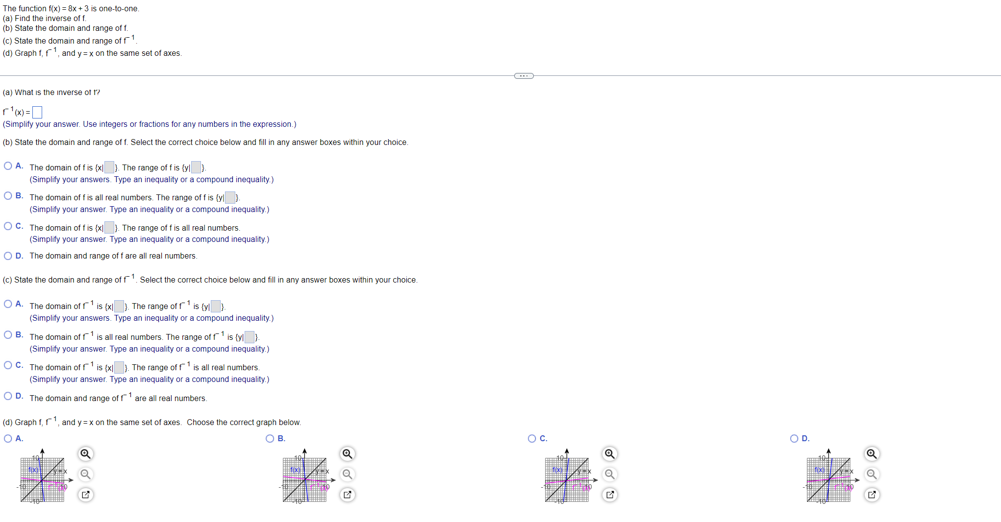 Solved The function f(x)=8x+3 is one-to-one. (a) Find the | Chegg.com