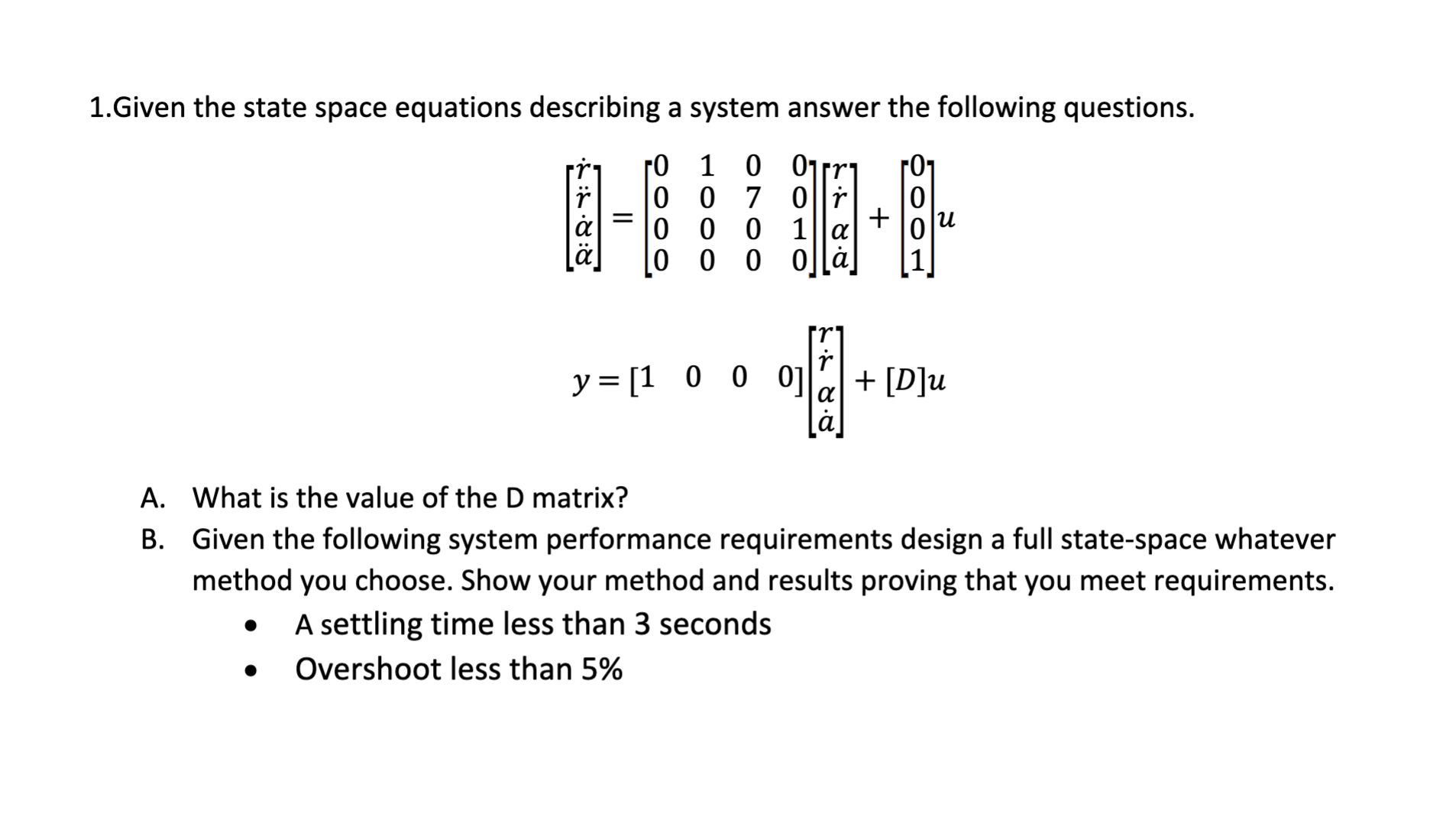 Solved Matlab controls problem: Please solve B only, with | Chegg.com