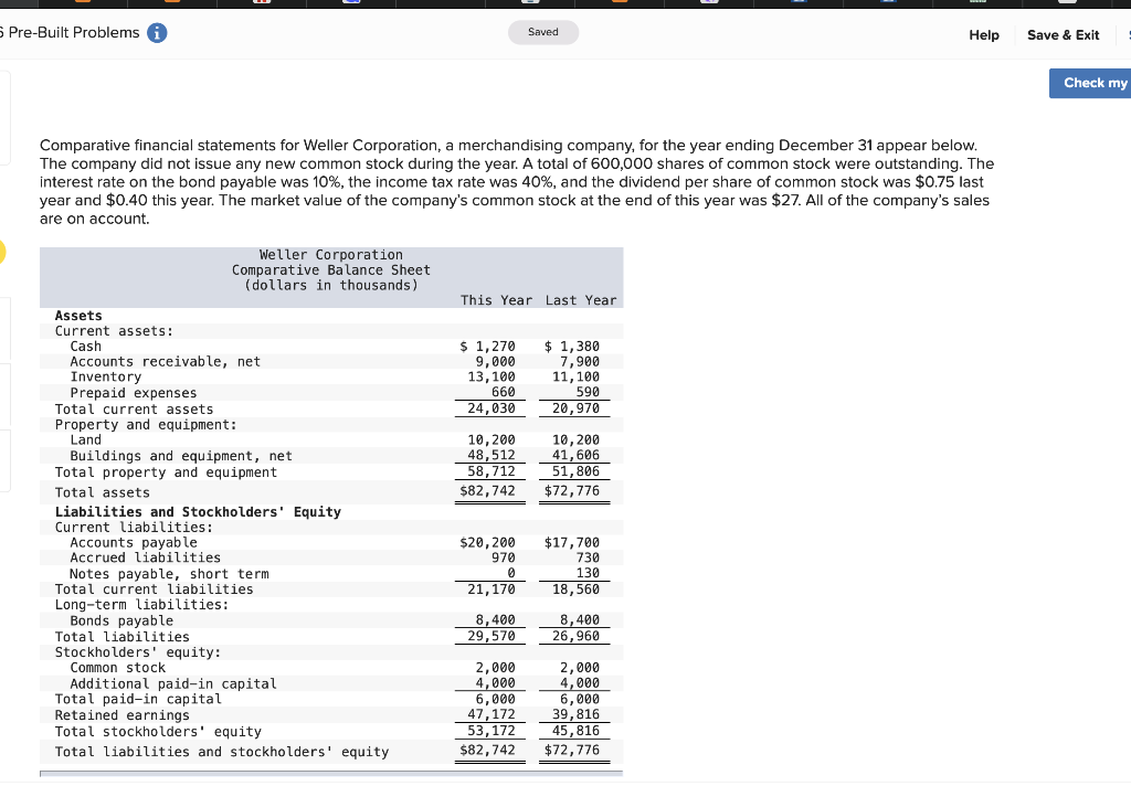 Solved Pre-Built Problems Saved Help Save & Exit Check my | Chegg.com
