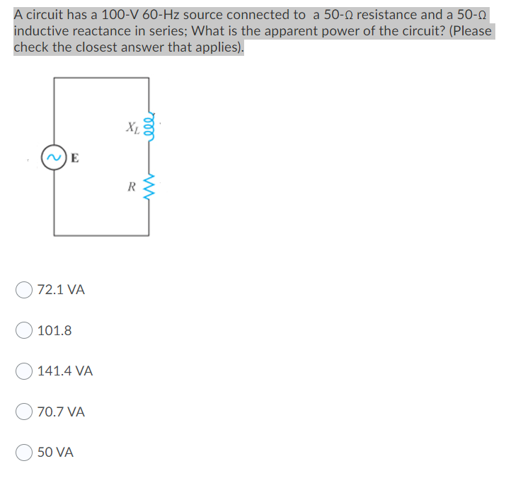 Solved A circuit has a 100-V 60-Hz source connected to a 50- | Chegg.com