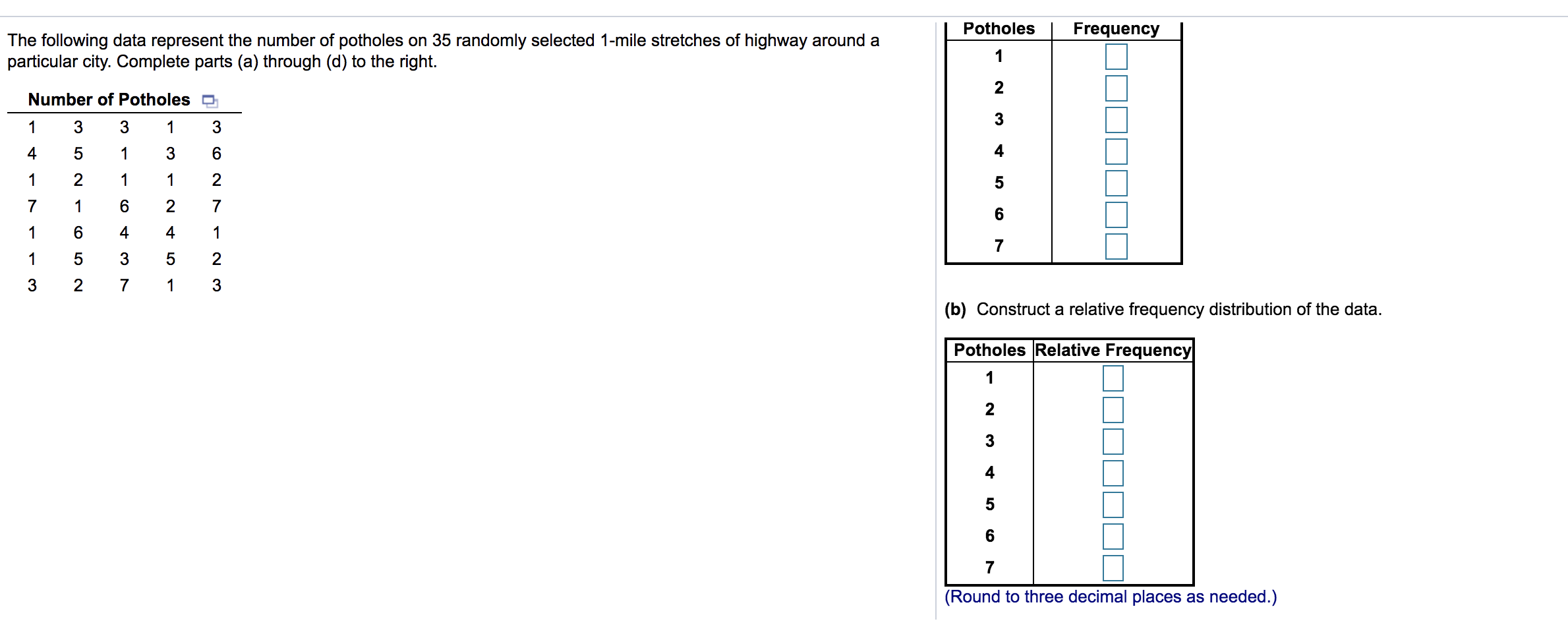 Solved Potholes Frequency The following data represent the | Chegg.com