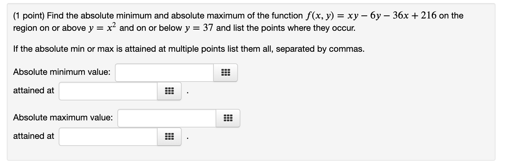Solved (1 point) Find the absolute minimum and absolute | Chegg.com