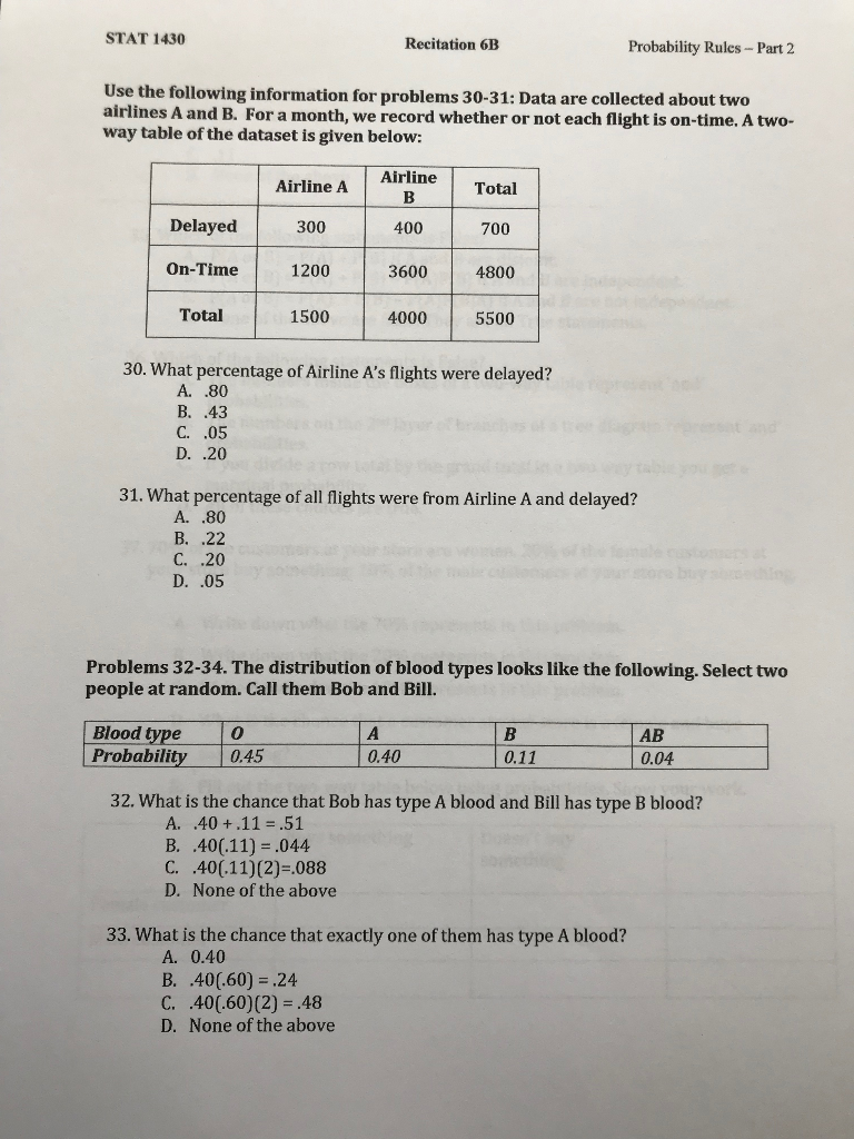 Solved STAT 1430 Recitation 6B Probability Rules - Part 2 | Chegg.com