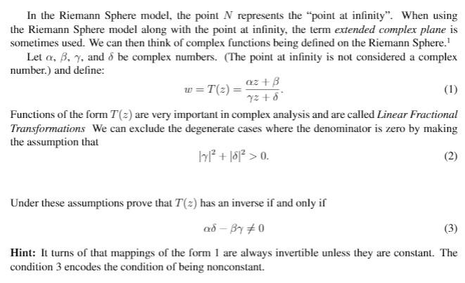 Solved In the Riemann Sphere model, the point N represents | Chegg.com