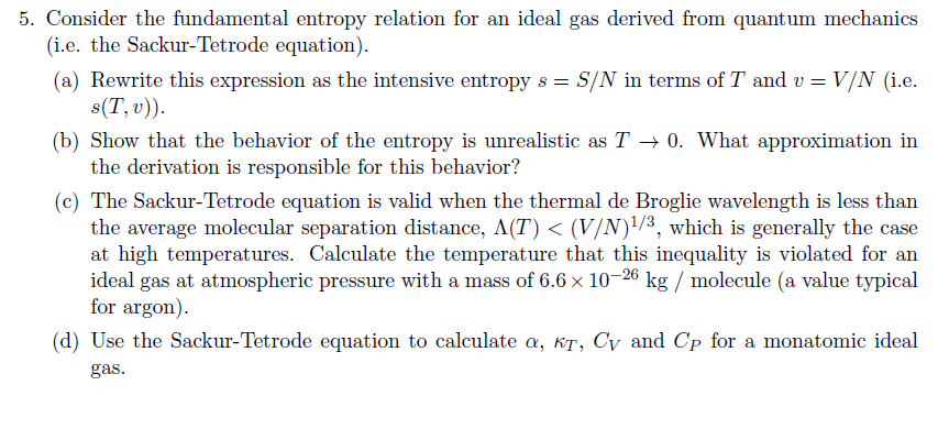 5. Consider the fundamental entropy relation for an | Chegg.com
