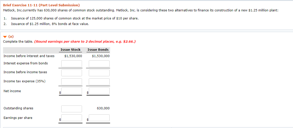 Solved Brief Exercise 11-11 (Part Level Submission) Metlock, | Chegg.com