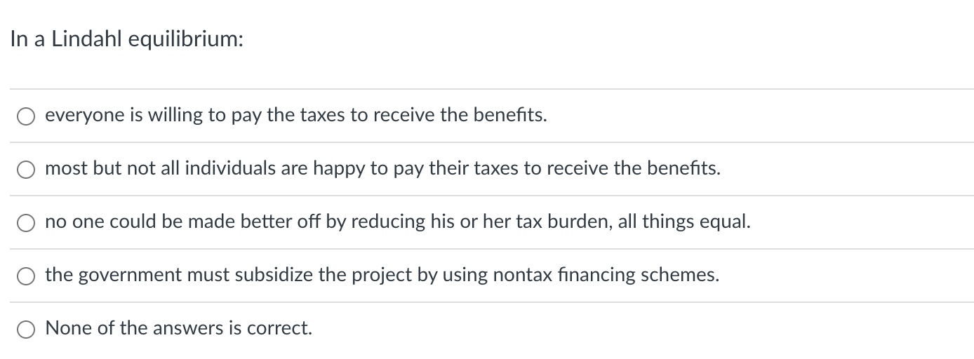 Solved In a Lindahl equilibrium: everyone is willing to pay | Chegg.com