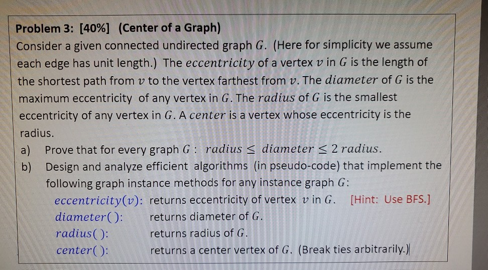 Solved Problem 3: [40%] (Center of a Graph) Consider a given | Chegg.com