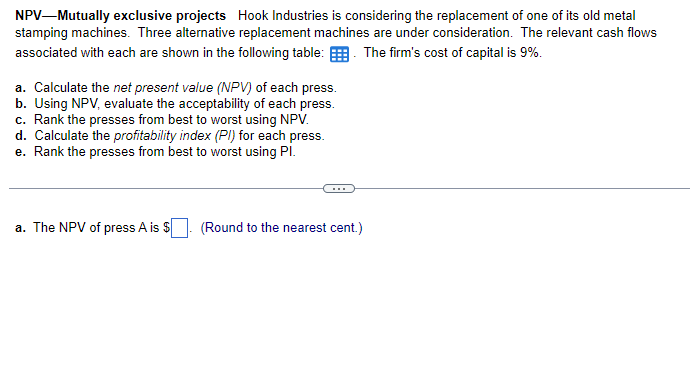 Solved NPV-Mutually exclusive projects Hook Industries is | Chegg.com