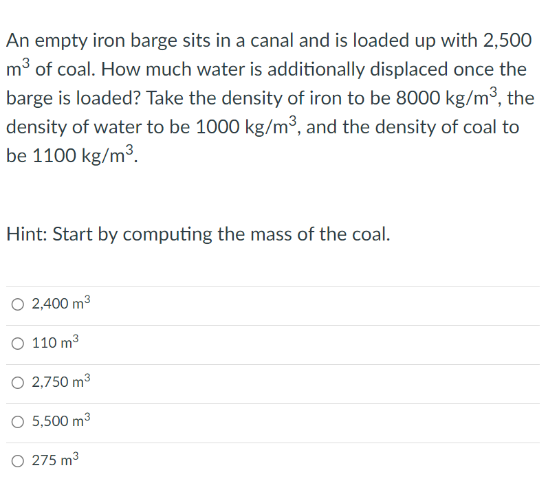 Solved An empty iron barge sits in a canal and is loaded up | Chegg.com