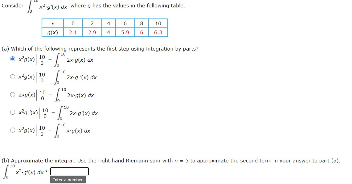 Solved Consider x2.9'(x) dx where g has the values in the | Chegg.com