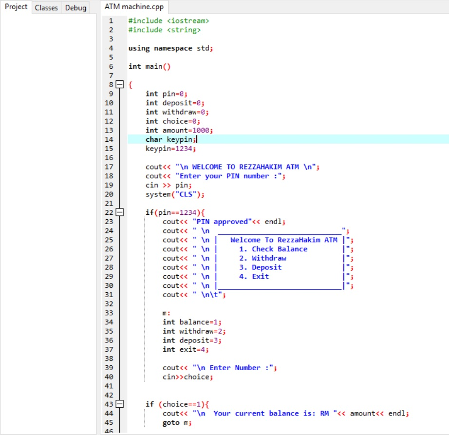 Solved Project Classes Debug ATM machine.cpp #include | Chegg.com