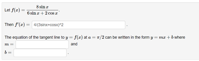 Solved Let f(x)=6sinx+2cosx8sinx. Then f′(x)= The equation | Chegg.com