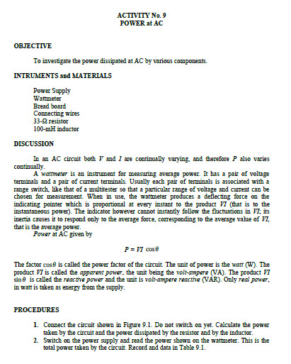 Solved ACTIVITY No. 9 POWER at AC OBJECTIVE To investigate | Chegg.com