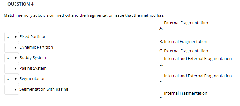 Solved QUESTION 4 Match memory subdivision method and the | Chegg.com