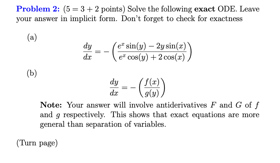 Solved Problem 2: (5=3+2 points ) Solve the following exact | Chegg.com
