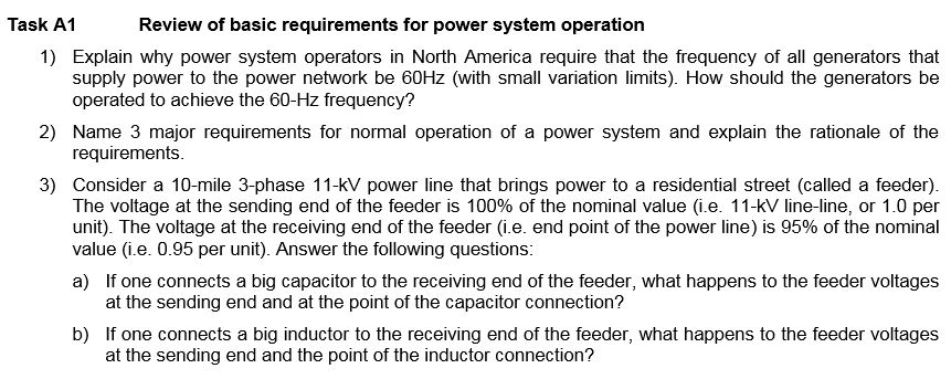 Solved Task A1 Review of basic requirements for power system | Chegg.com