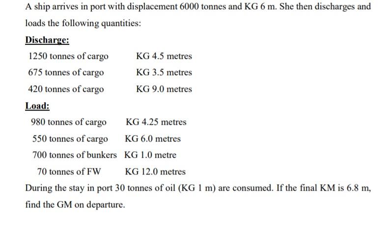 Solved A ship arrives in port with displacement 6000 tonnes | Chegg.com