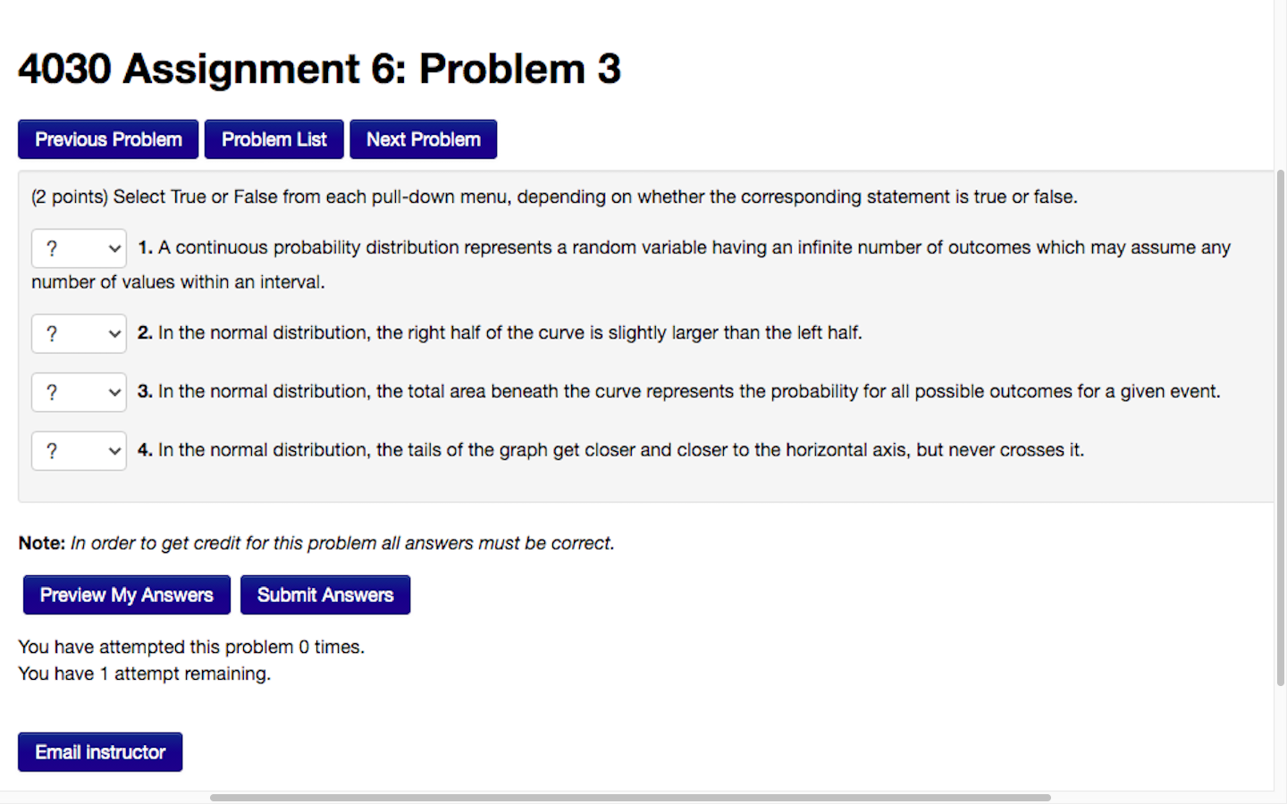 Solved 4030 Assignment 6: Problem 3 Previous Problem Problem | Chegg.com