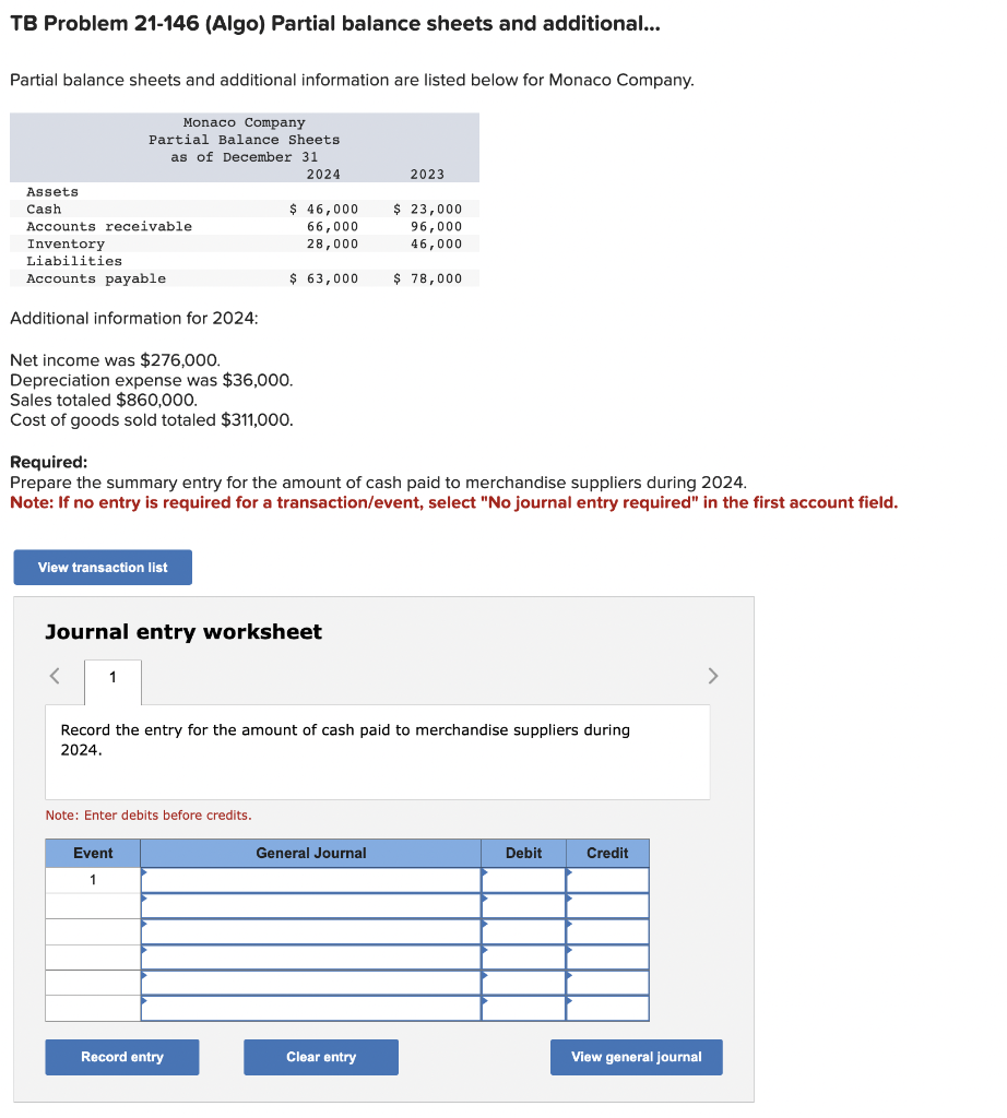 Solved TB Problem 21-146 (Algo) Partial balance sheets and | Chegg.com Solved TB Problem 21-146 (Algo) Partial balance sheets and | Chegg.com