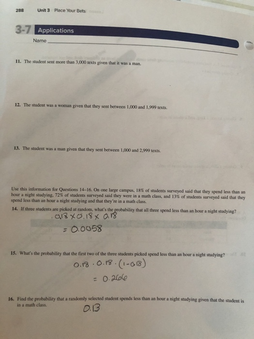 Solved 288 Unit 3 Place Your Bets Applications Name 11. The | Chegg.com