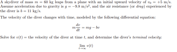 Solved A skydiver of mass m = 60 kg leaps from a plane with | Chegg.com