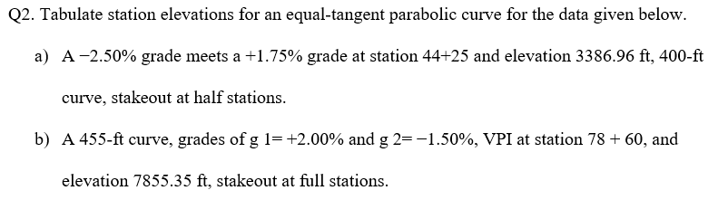 Solved Q2. Tabulate station elevations for an equal-tangent | Chegg.com