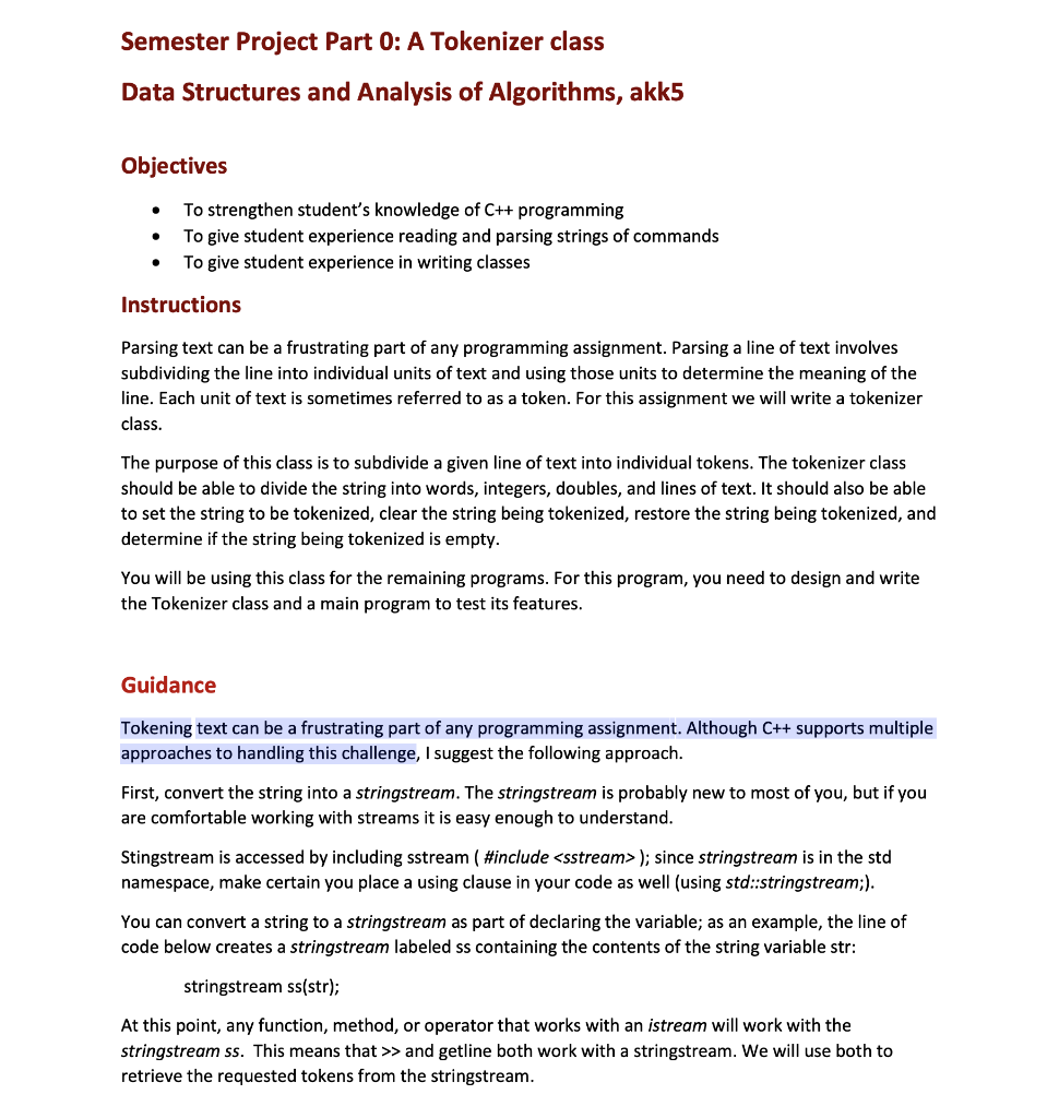 Solved Semester Project Part 0: A Tokenizer class Data | Chegg.com