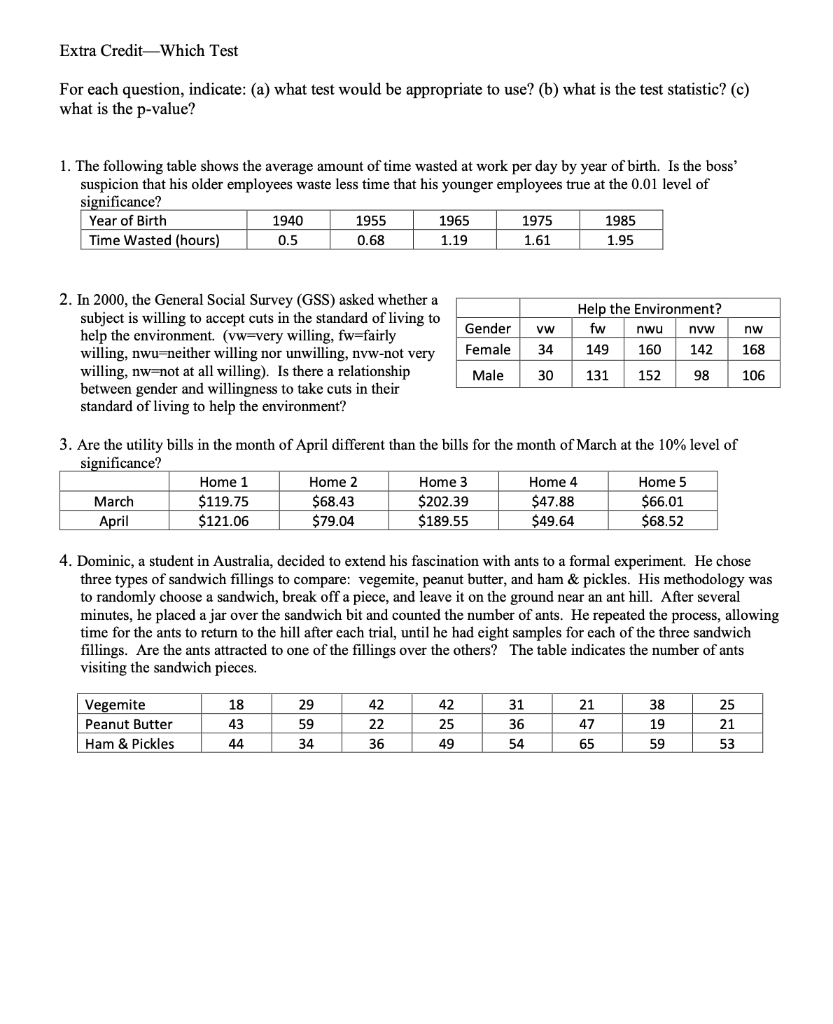 Extra Credit-Which Test For each question, indicate: | Chegg.com