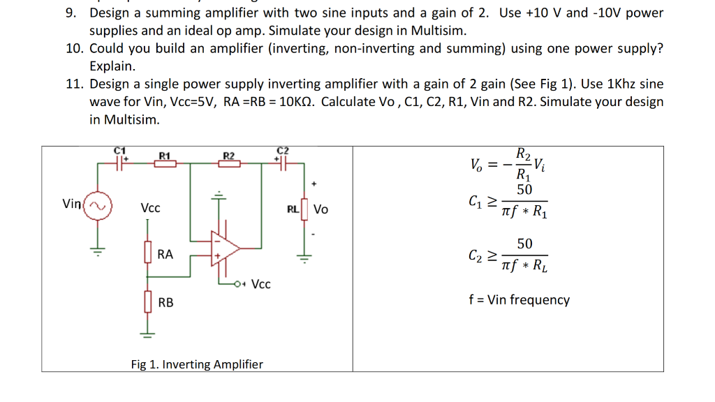 Solved 9. Design a summing amplifier with two sine inputs | Chegg.com