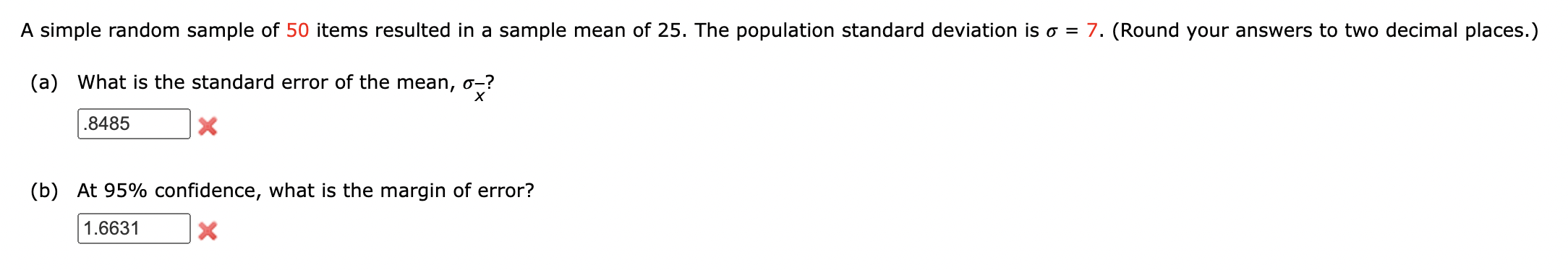 Solved A simple random sample of 50 items resulted in a | Chegg.com