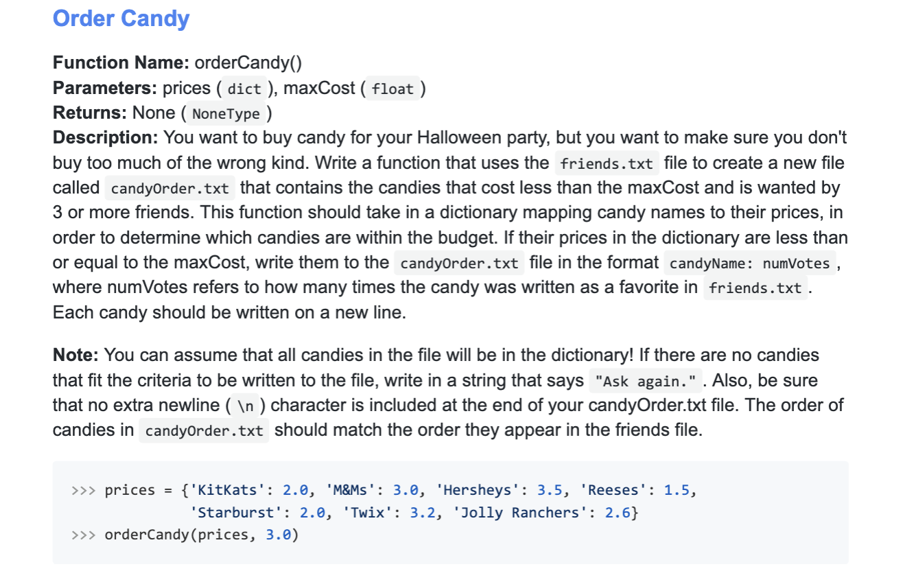 Solved Function Name: orderCandy() Parameters: prices ( dict | Chegg.com