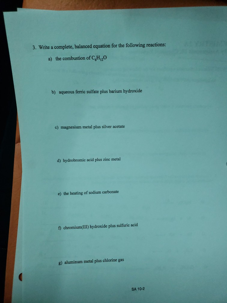 Solved Name CHEMISTRY 2A Study Assignment 9, Balancing | Chegg.com
