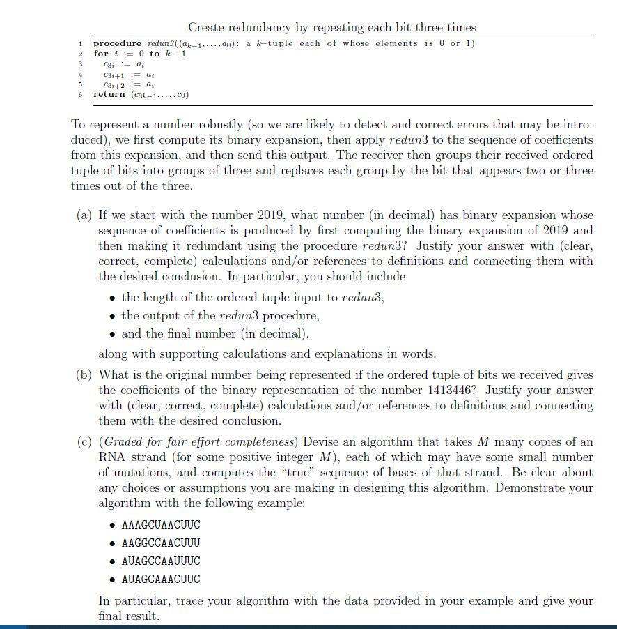 Create redundancy by repeating each bit three times 1 | Chegg.com