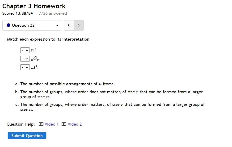 Solved Match each expression to its interpretation. n! | Chegg.com