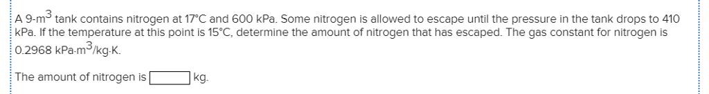 Solved A 9-m3 tank contains nitrogen at 17°C and 600 kPa. | Chegg.com