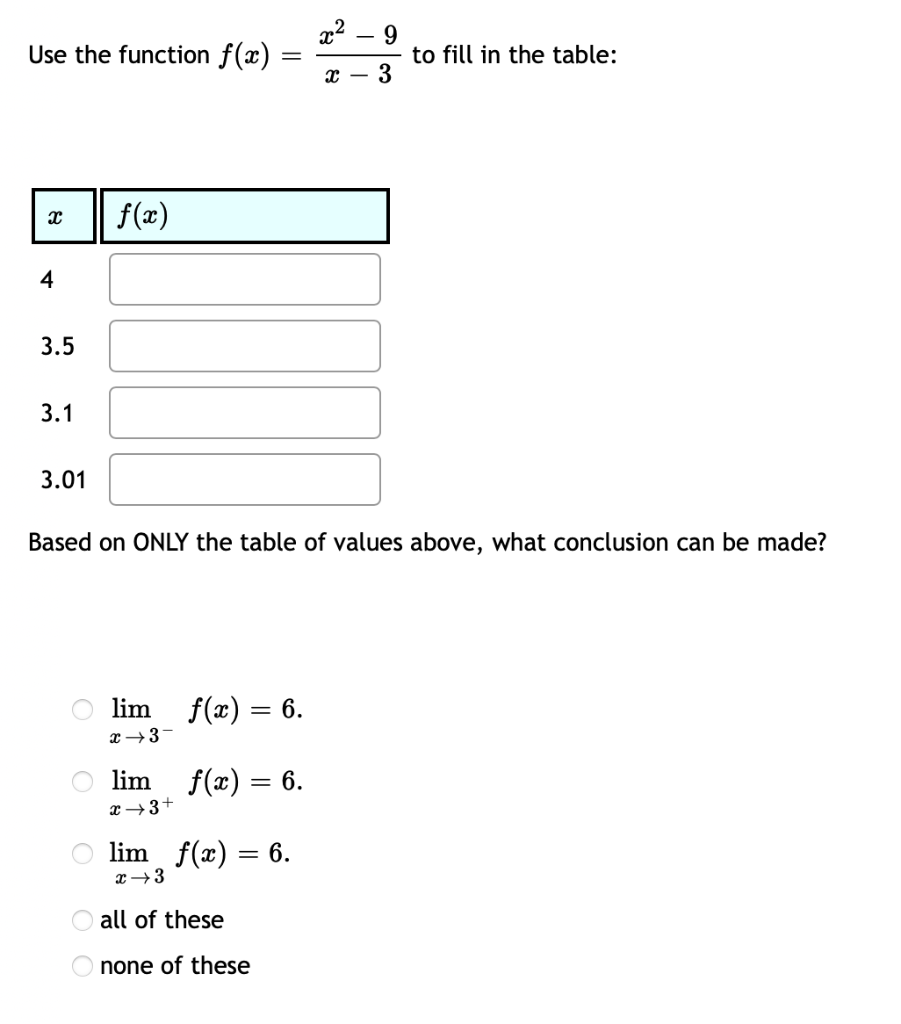 Solved x2 9 Use the function f(x) to fill in the table: 2 – | Chegg.com